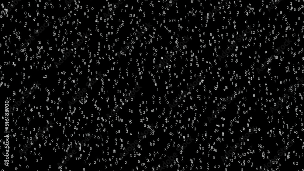 Abstract white different small numbers moving chaotically on black ...