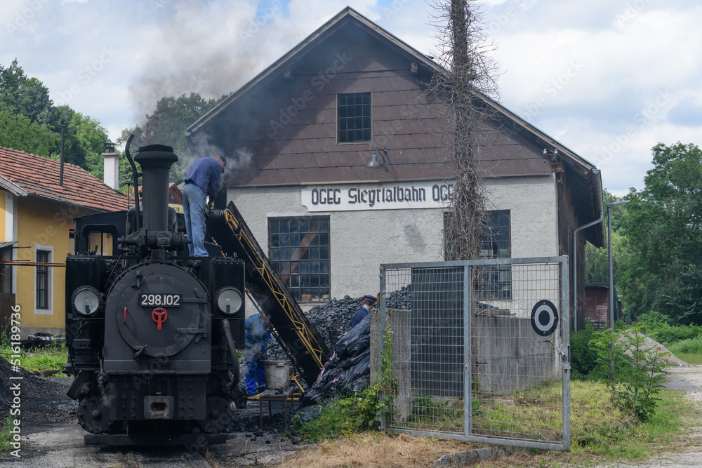 vintage steam locomotive at the museum railway steyrtalbahn in ...
