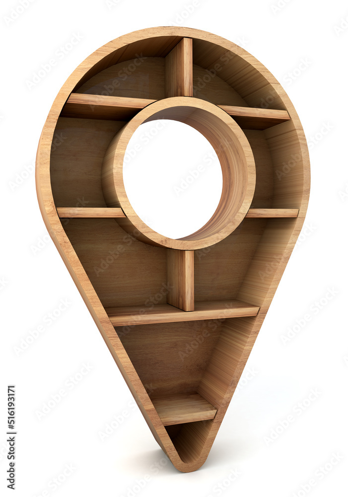 Map pointer wooden Shelf isolated on white background. Gps pointer ...