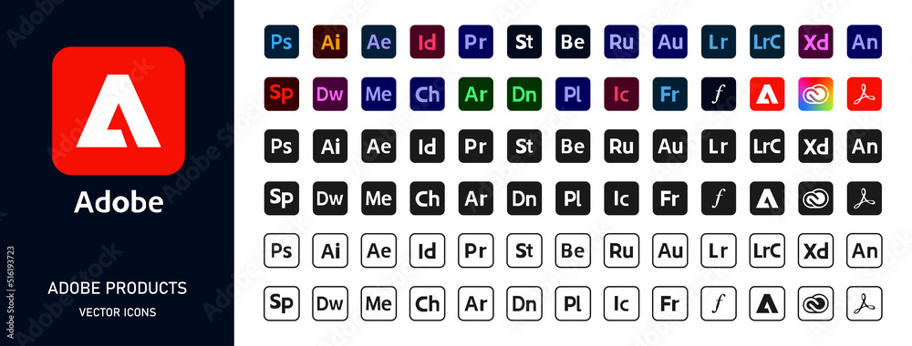 Adobe products. Icon set. Illustrator, Photoshop, After Effects ...