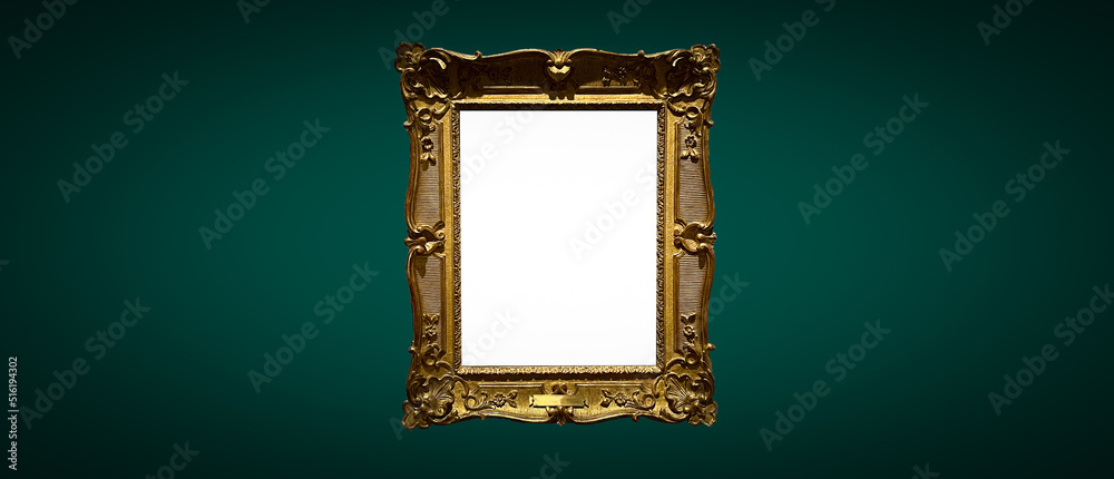 Antique art fair gallery frame on royal green wall at auction house or ...