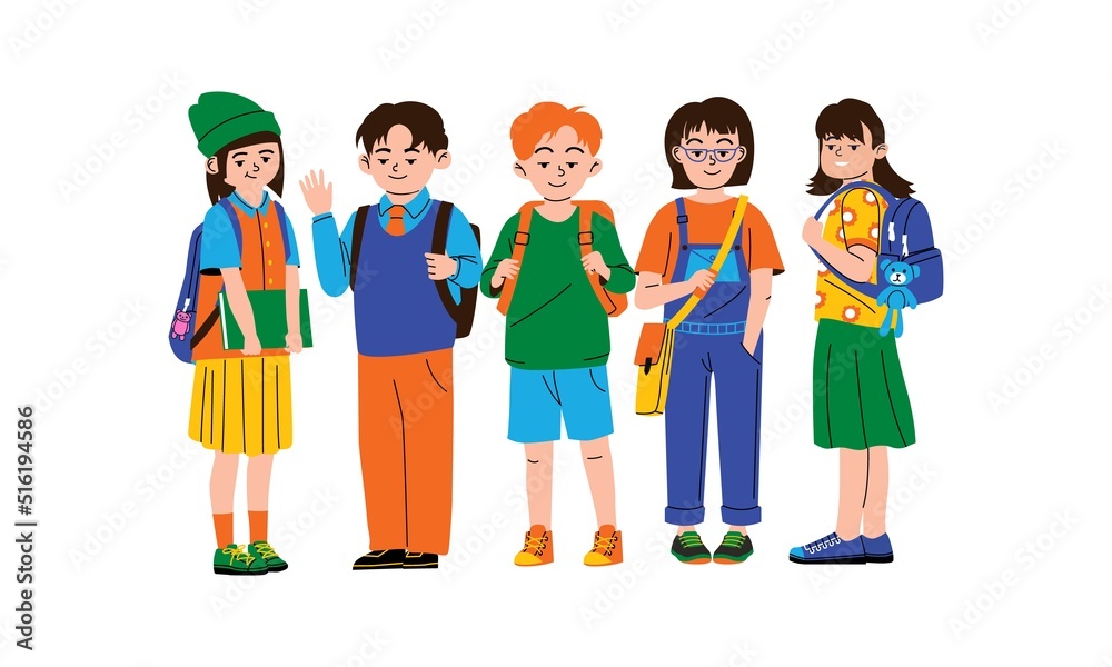 A group of schoolchildren or pupils standing together. Cute happy ...