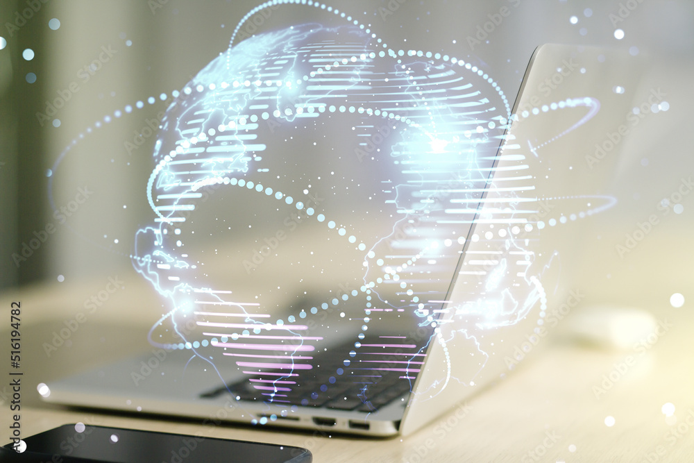 Abstract graphic digital world map with connections on modern computer ...