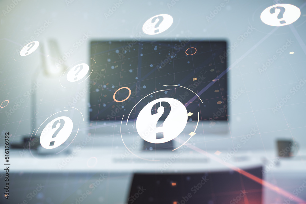 Creative abstract question mark hologram on modern computer background ...
