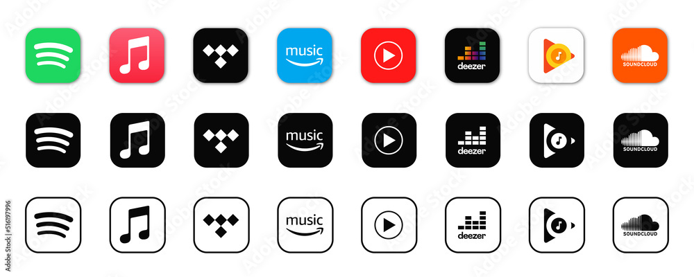 Music streaming services. Icon set: Spotify, Apple music, Tidal, Amazon ...