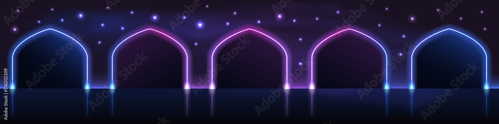 Neon glowing gate portal,stage podium with arch gates,Magic corridor ...