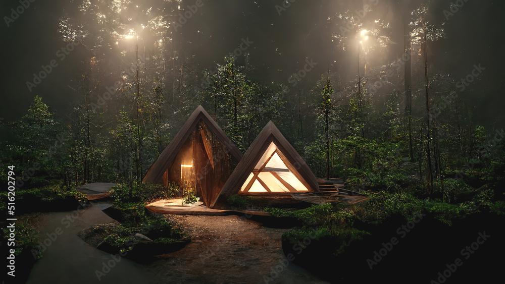 A triangular wooden hut in a magical forest. Fantasy forest landscape ...