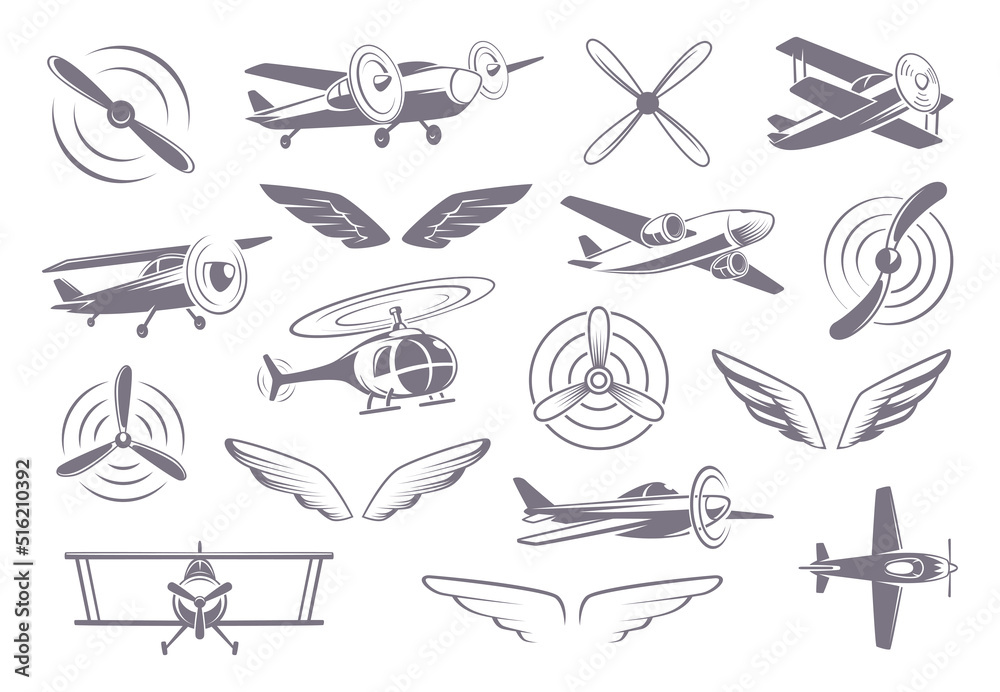 Avia badges. Propellers wings airplanes helicopters stylized symbols ...