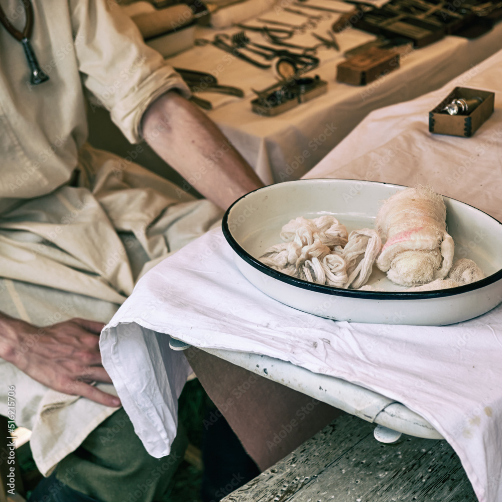 An old military field hospital with retro tents and vintage medical ...