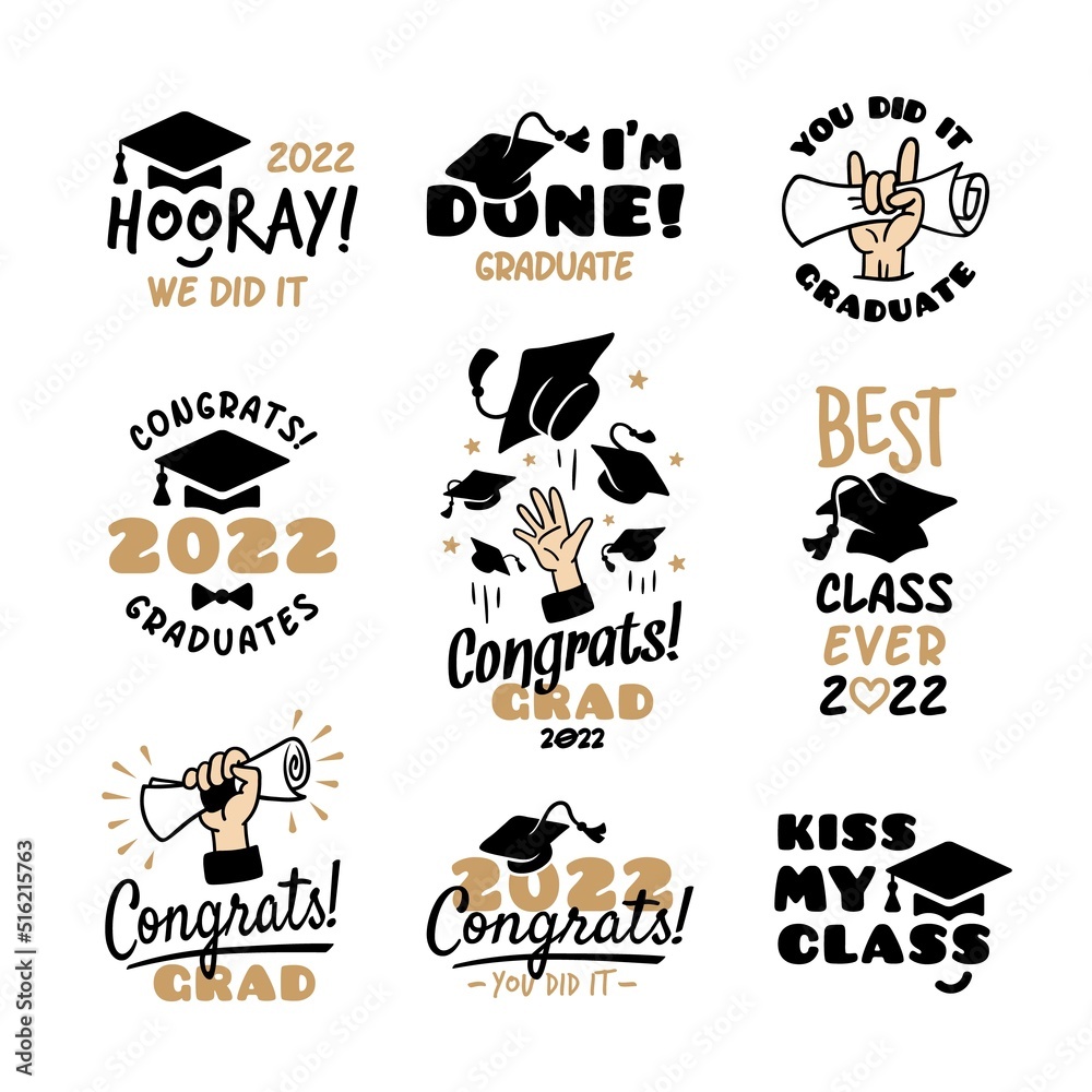 School graduation labels. Congrats 2022 academic symbols ...