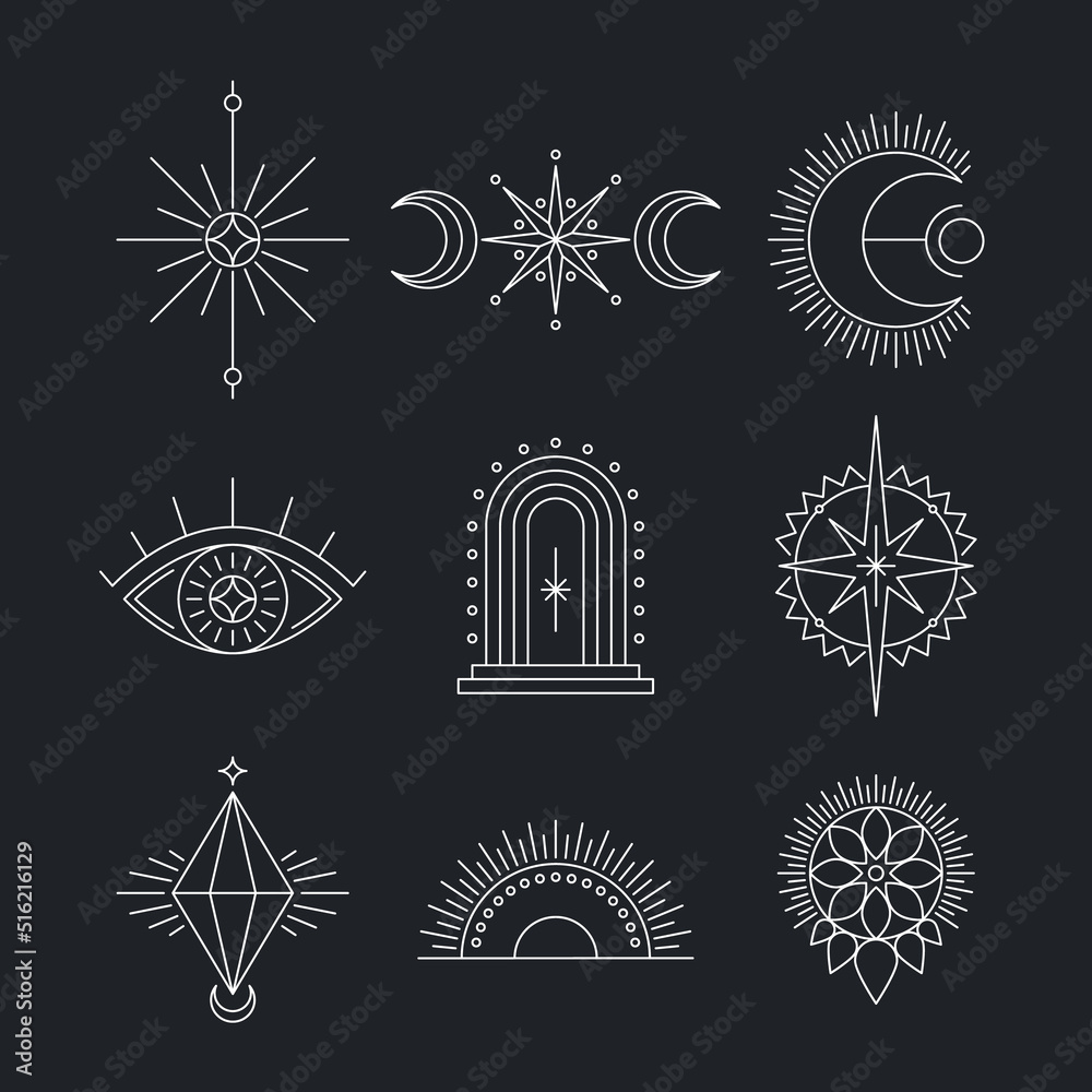 Esoteric symbols, Thin line spiritual illustration. Set of Magic occult ...