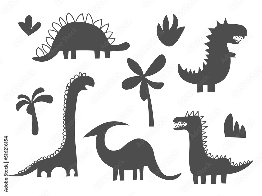 Vecteur Stock Dinosaur black silhouette set. Reptile shape collection ...
