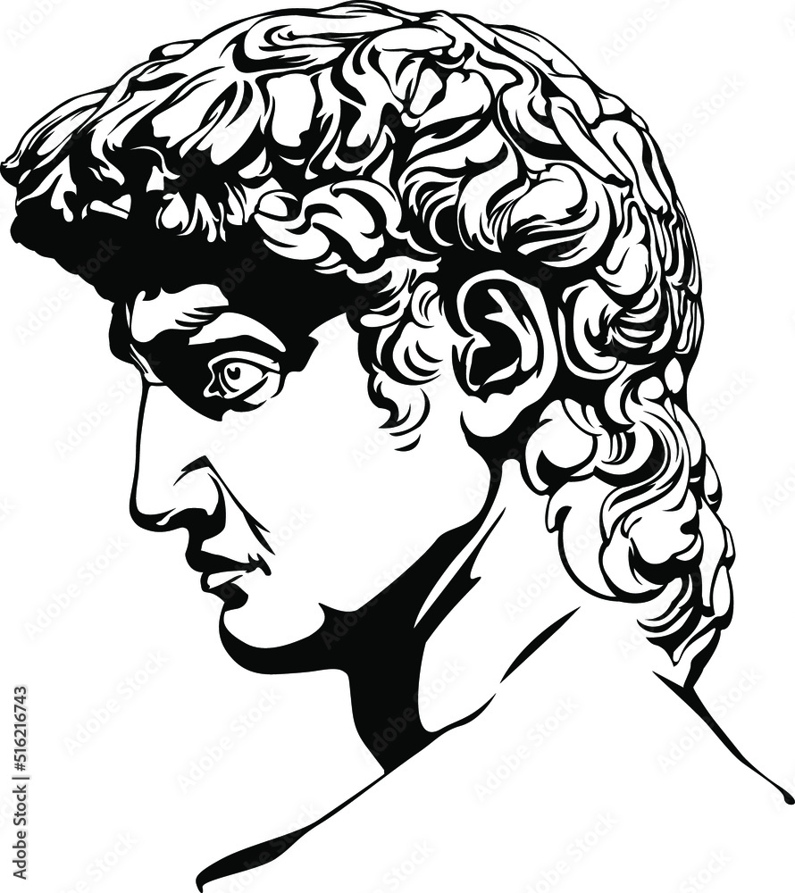 Head of Michelangelo's David. Vector drawing. Black and white graphics ...