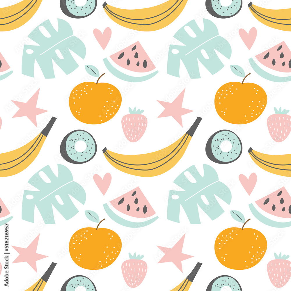 Seamless pattern exotic fruit on white background. Cute vector ...