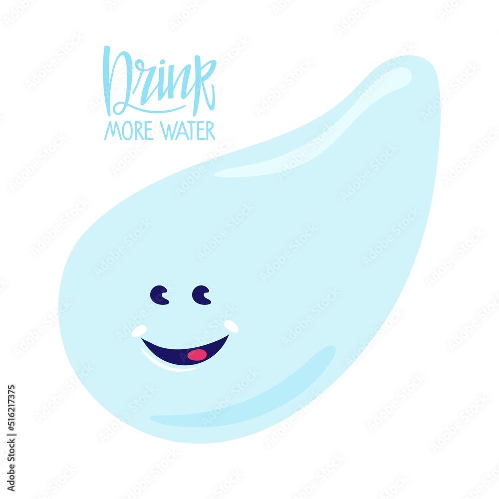 Smiling water drop. Handwritten calligraphy text Drink more water. Cute ...