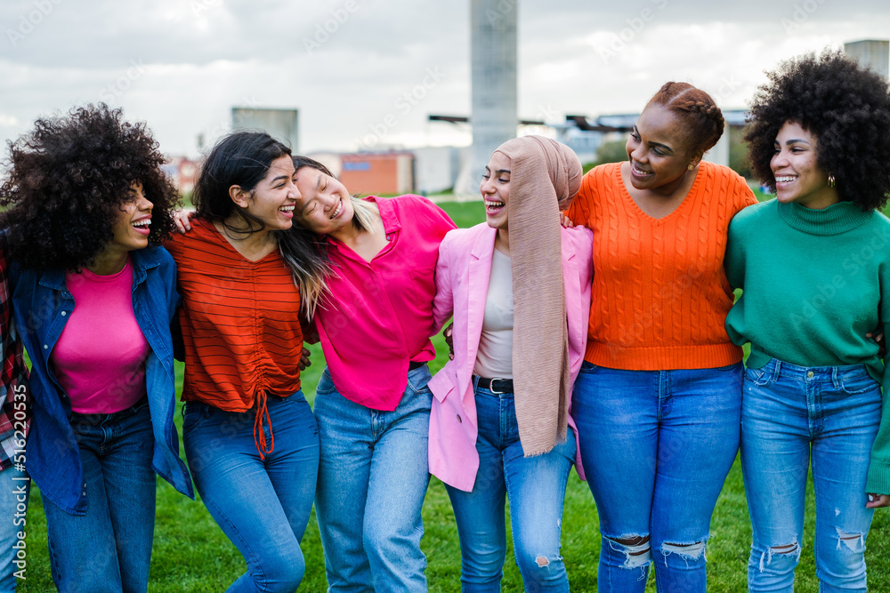 lifestyle photo of a group of women with different ethnic origins and ...