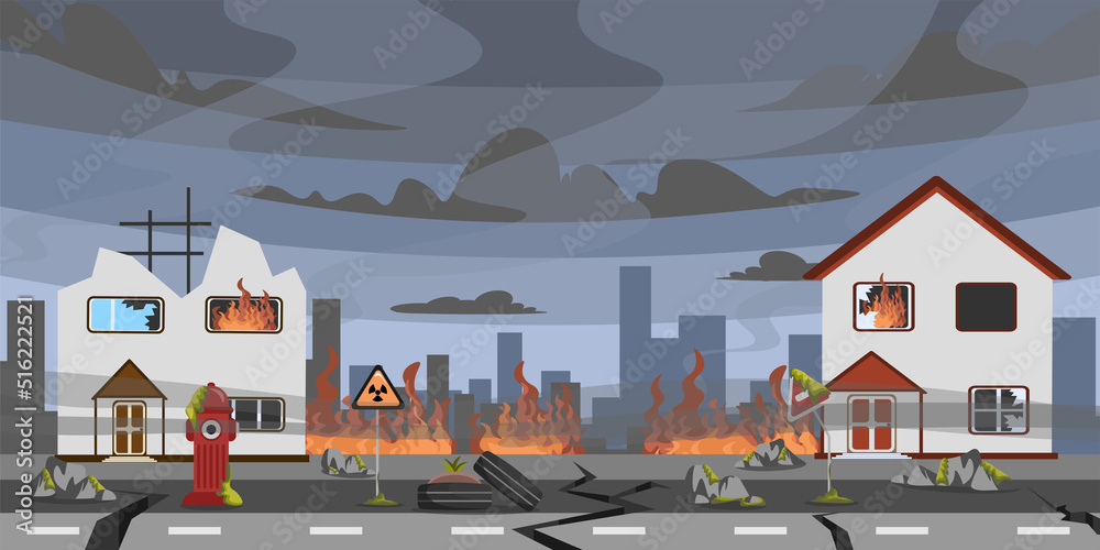 Vector illustration of natural disaster. Cartoon landscape doomsday who ...