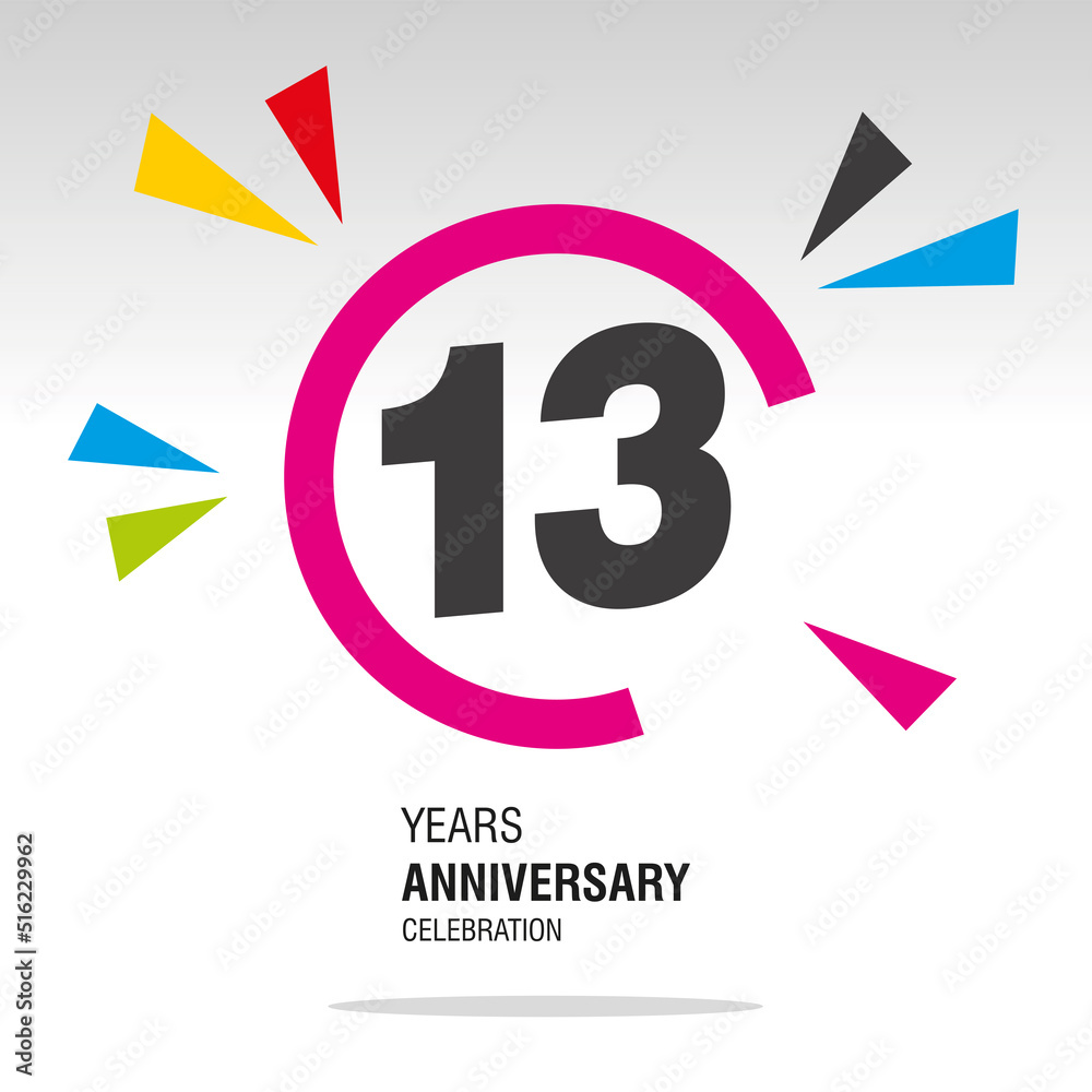 13 Years Anniversary, number in broken circle with colorful bang of ...