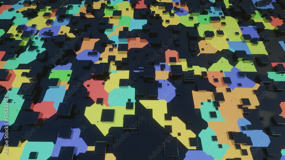 4k looped animation. Flight over hi tech pattern on plane surface, neon ...