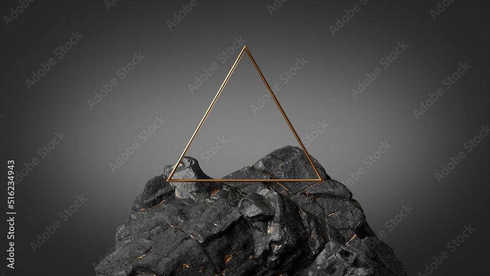 3d render, abstract black geometric background with golden triangle ...