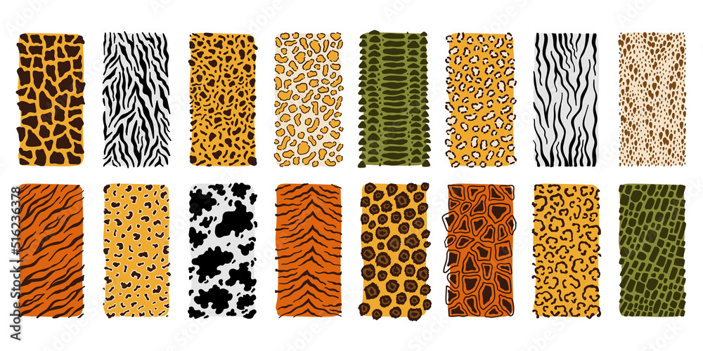 Safari animals skin seamless pattern set. Mammals Fur. Collection of ...