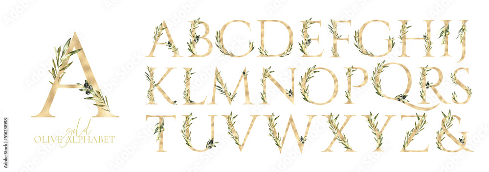 Watercolor Gold Olive English alphabet floral set letters from A to Z ...