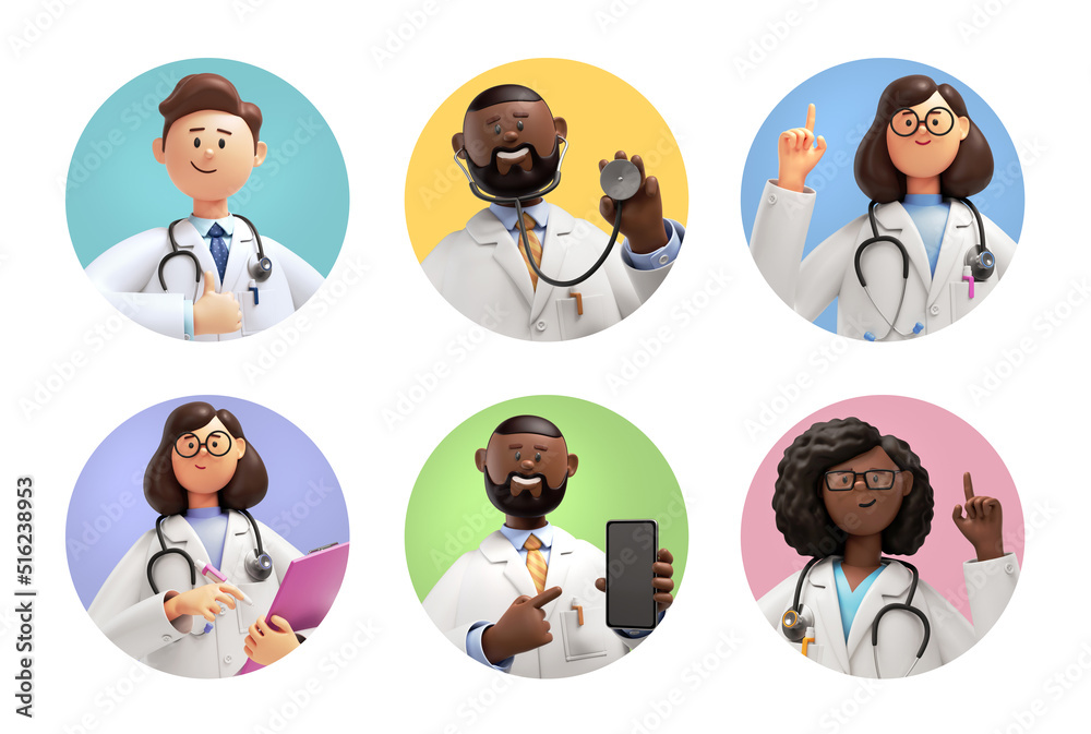 3d render, doctor avatar collection, set of round stickers with cartoon ...