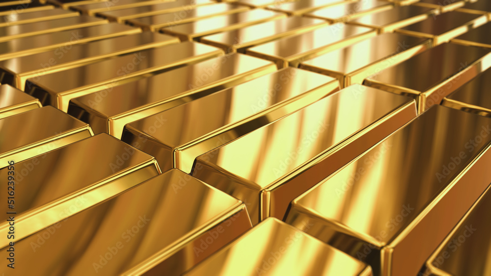 Smooth surface gold bars stacked in a row. Gold bricks. Stack of gold ...