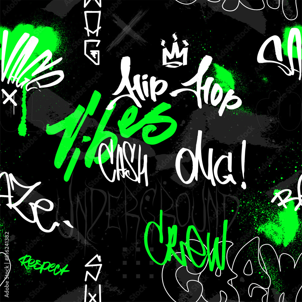 Acid Seamless Pattern with street art graffiti and tags. Green, black ...