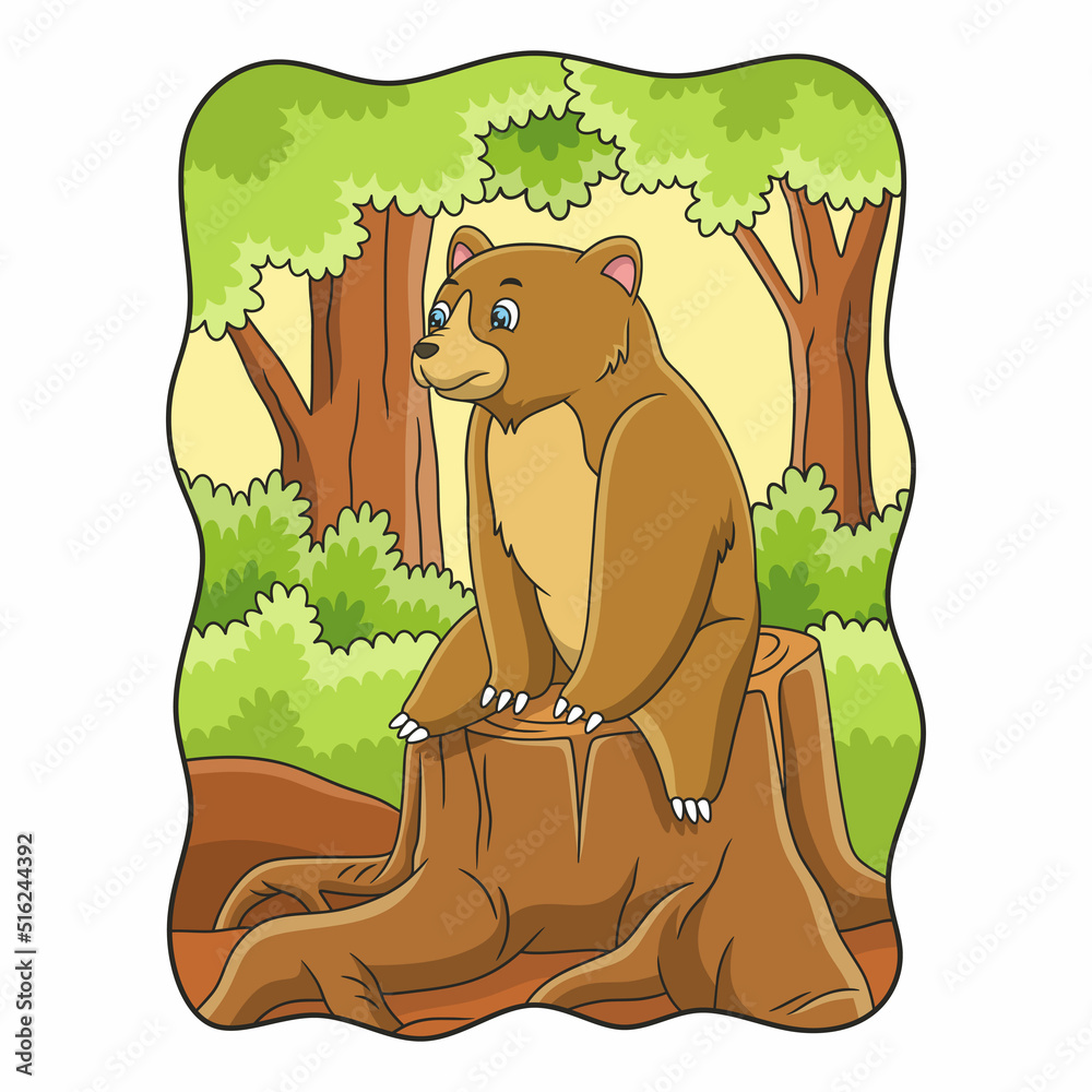 cartoon illustration the bear is sitting and looking at the forest ...
