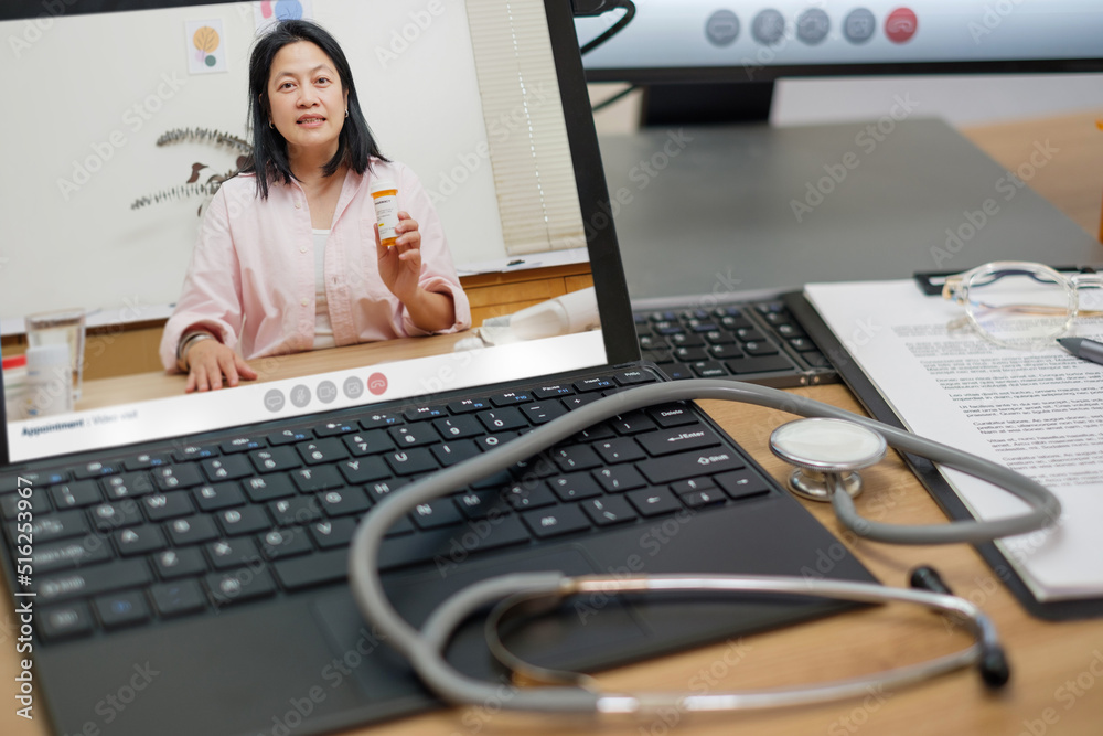 asian woman doctor visit patient video call online diagnose symptom at ...