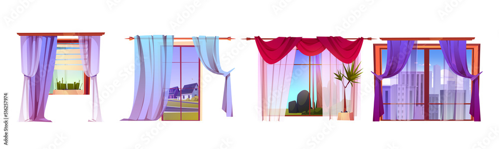 Windows with curtains and different views outside. Vector cartoon set ...