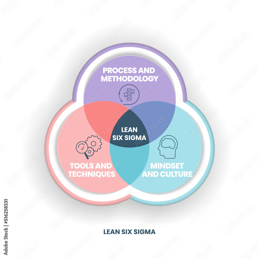 A Lean Six Sigma analysis venn diagram has 3 steps such as process and ...