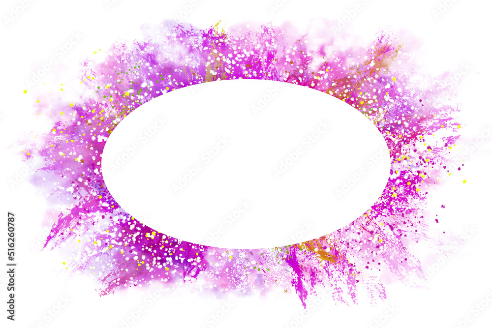 colorful abstract oval frame of paint spatter on white background in ...