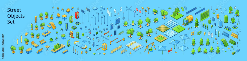 Street objects set with isometric trees, road signs, traffic lights ...