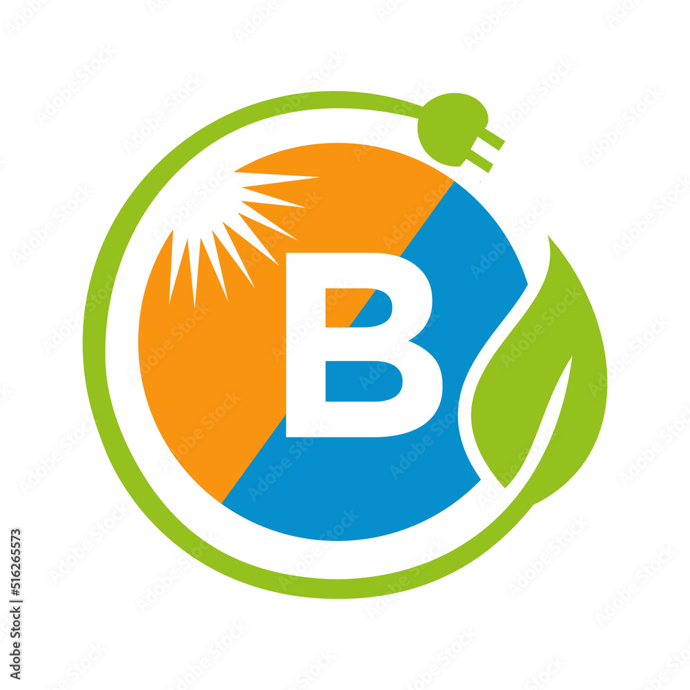 Letter B Solar Energy Logo Design Concept with Sun, Leaf and Electric ...