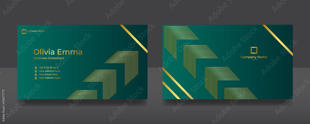 Luxury green Business card design template with gold Art Deco geometric ...
