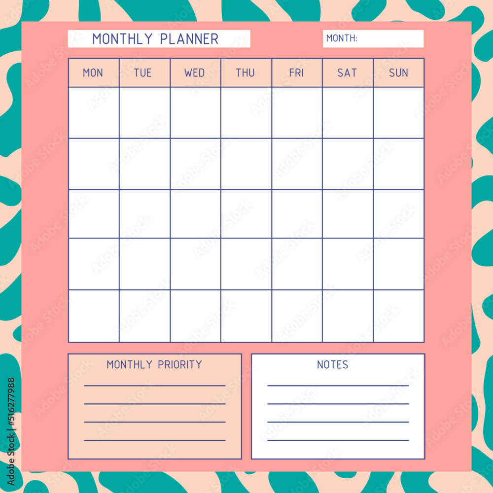 Monthly planner template. Calendar. A planner for month organization of ...