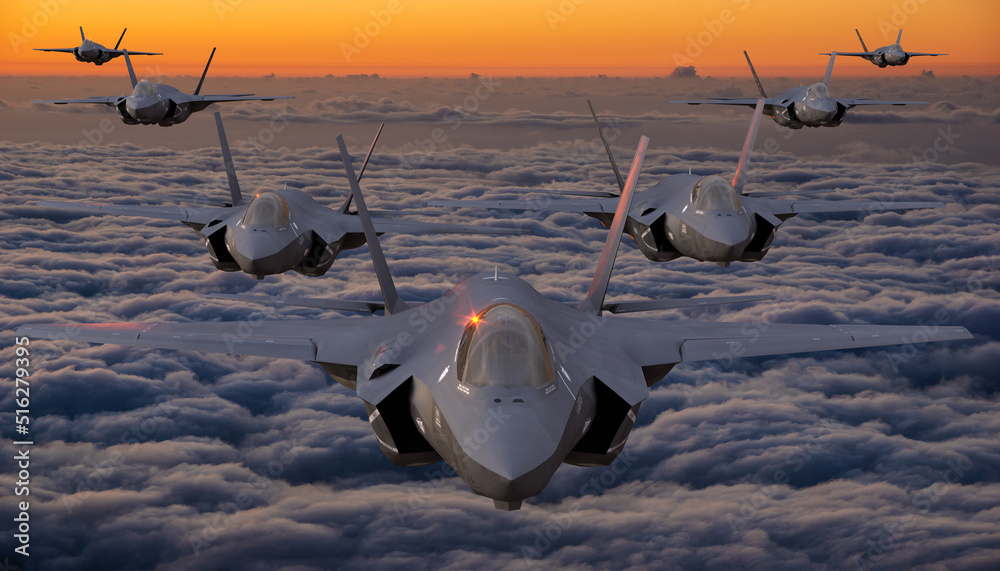 Lockheed Martin F-35 Lightning II formation in flight above the clouds ...
