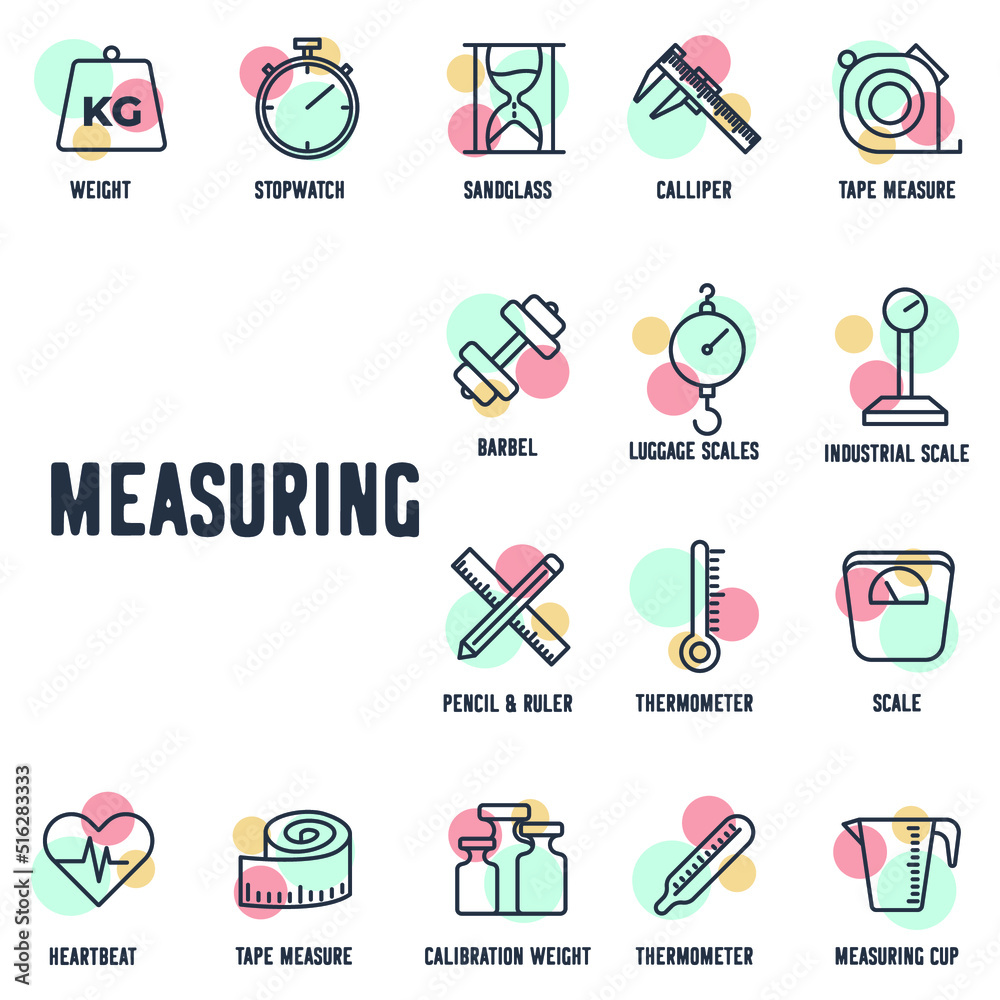 barbell, brass scales, calibration weights, calliper, clock, compass ...