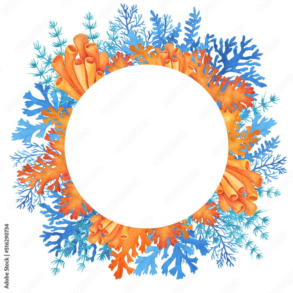 Wreath, round frame with underwater life objects blue and orange sea ...