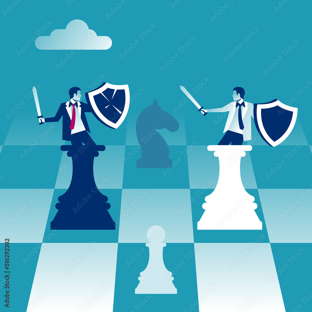 Business competition concept. Two businessmen at chess figures fight in ...