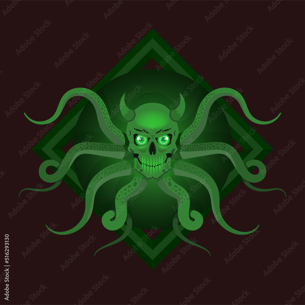 Plakat Vector scary green mutant, big-eyed skull with horns and long ...