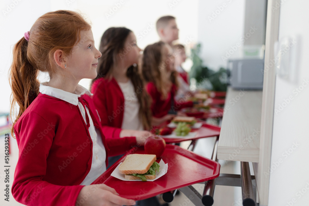 Happy schoolchildren standing in queue with trays and receiving lunch ...