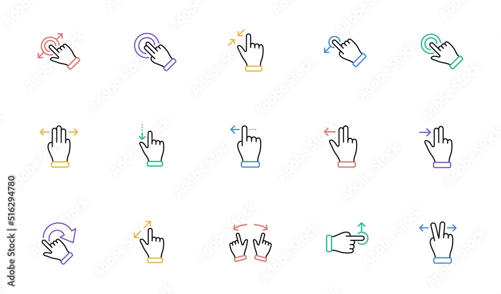 Vetor de Touchscreen gesture line icons. Hand swipe, Slide gesture, Multitasking icons ...