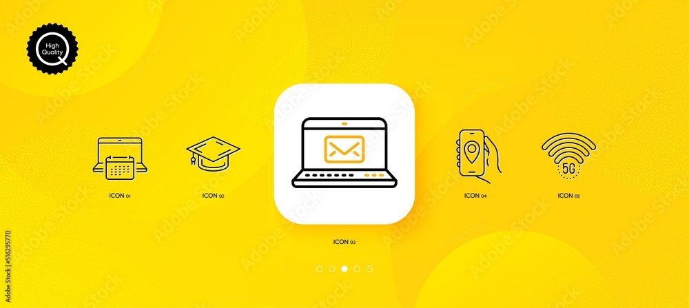 5g wifi, E-mail and Calendar minimal line icons. Yellow abstract background. Graduation cap ...