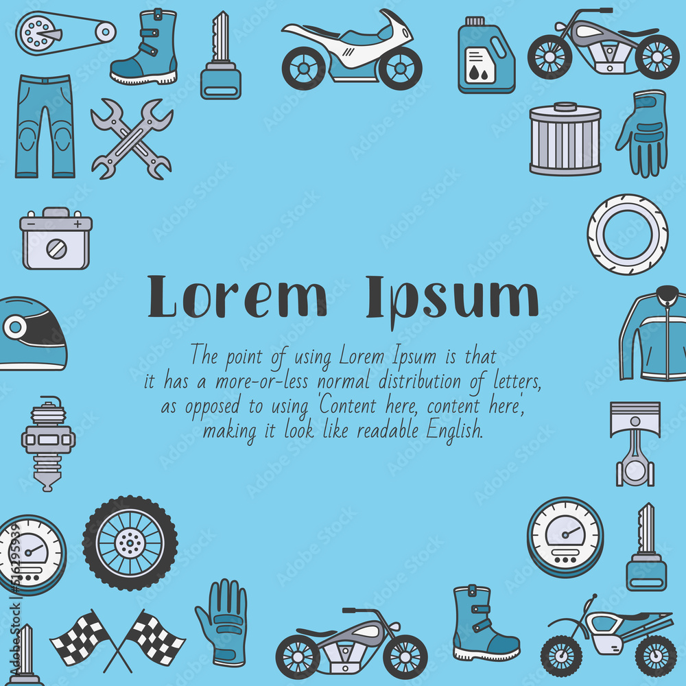 Moto - card with text and vector color illustrations of motorcycle ...