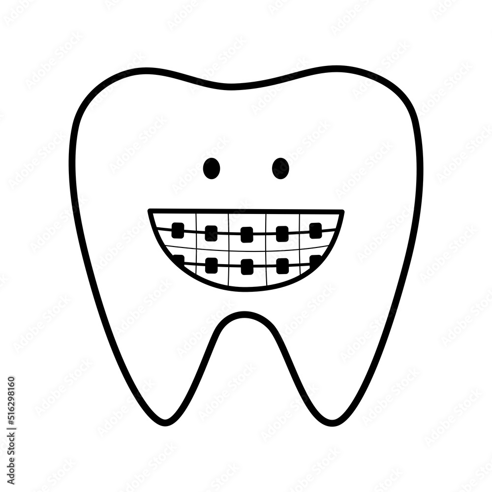 Cute tooth with orthodontic bracket cartoon character line art vector ...
