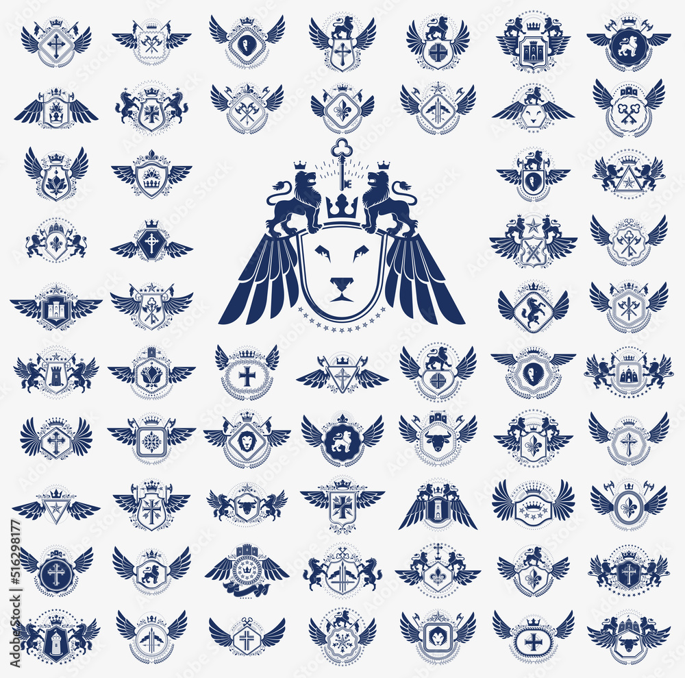 Vintage heraldic emblems vector big set, antique heraldry symbolic ...