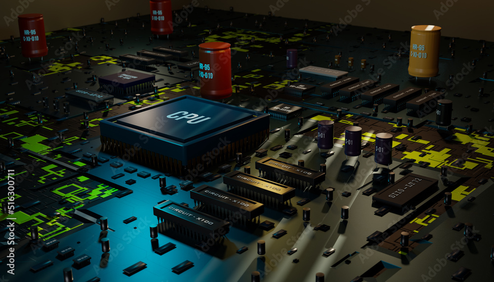 Close-up CPU and semiconductor on the computer motherboard with main ...